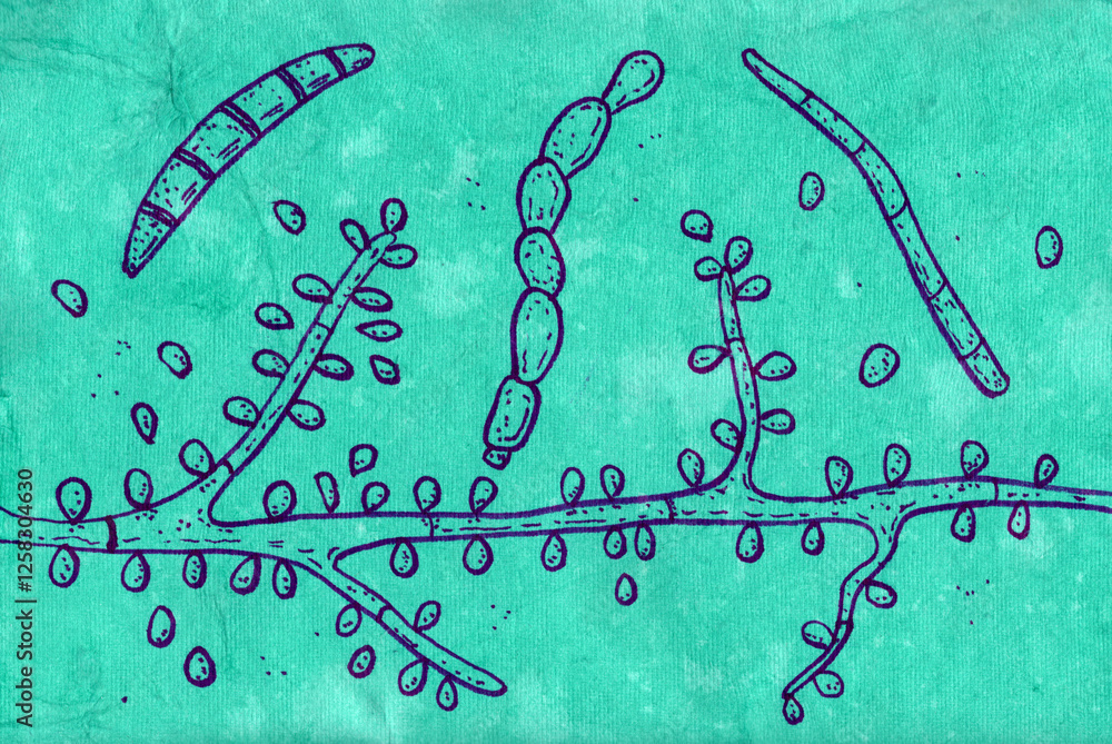 Hand-drawn pen illustration on aged paper depicting Trichophyton ...