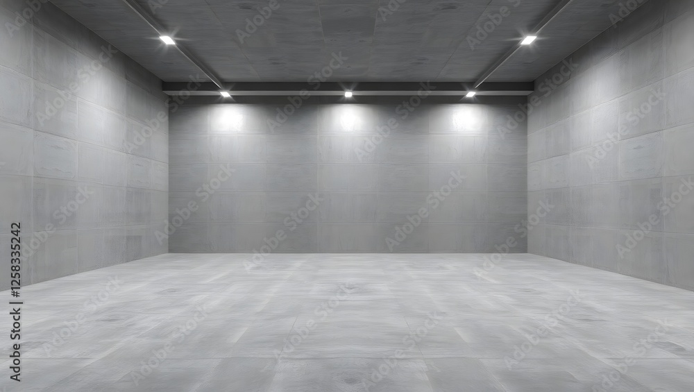 A large, empty, modern concrete garage or underground parking lot. The ...