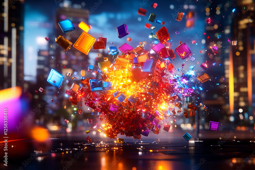 Colorful geometric shapes transforming into digital pixels, floating ...