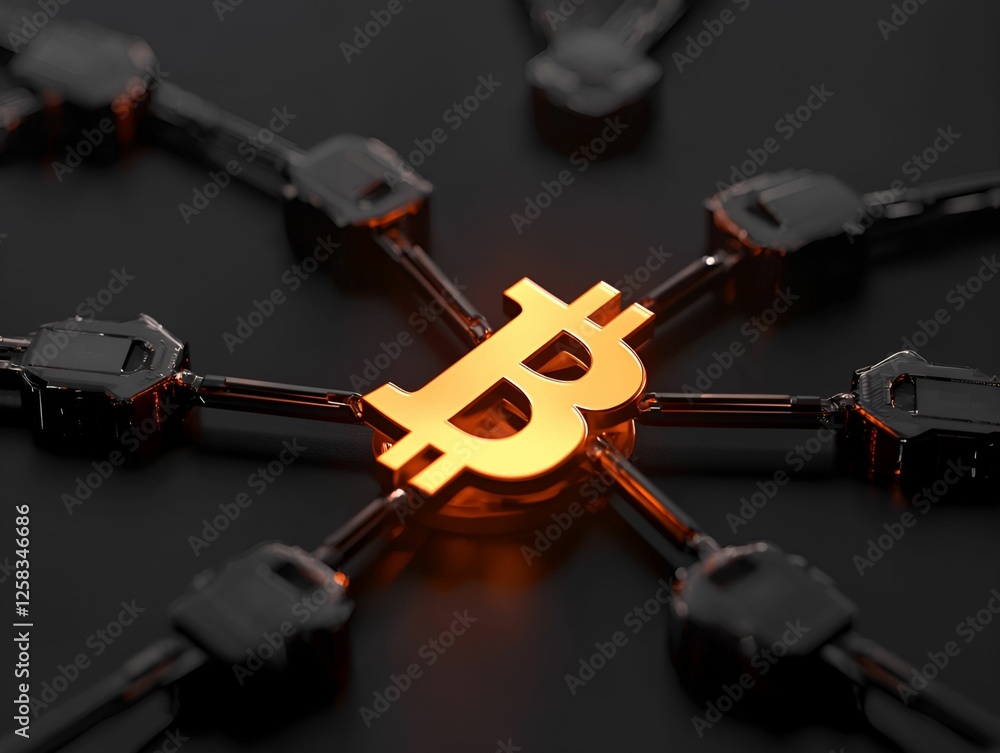 Cryptocurrency tokens secure concept. Illuminated Bitcoin symbol connected by network nodes on a ...