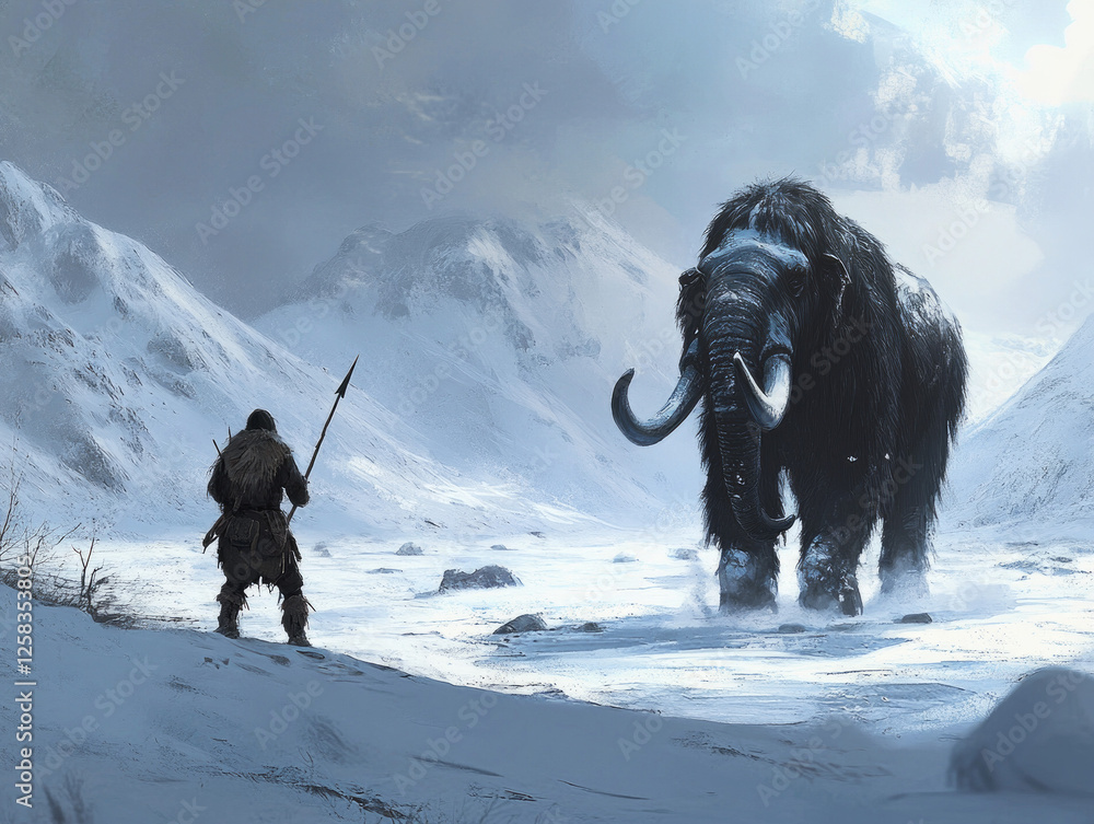 Neanderthal Hunter Prepares to Confront a Woolly Mammoth in a Snowy ...