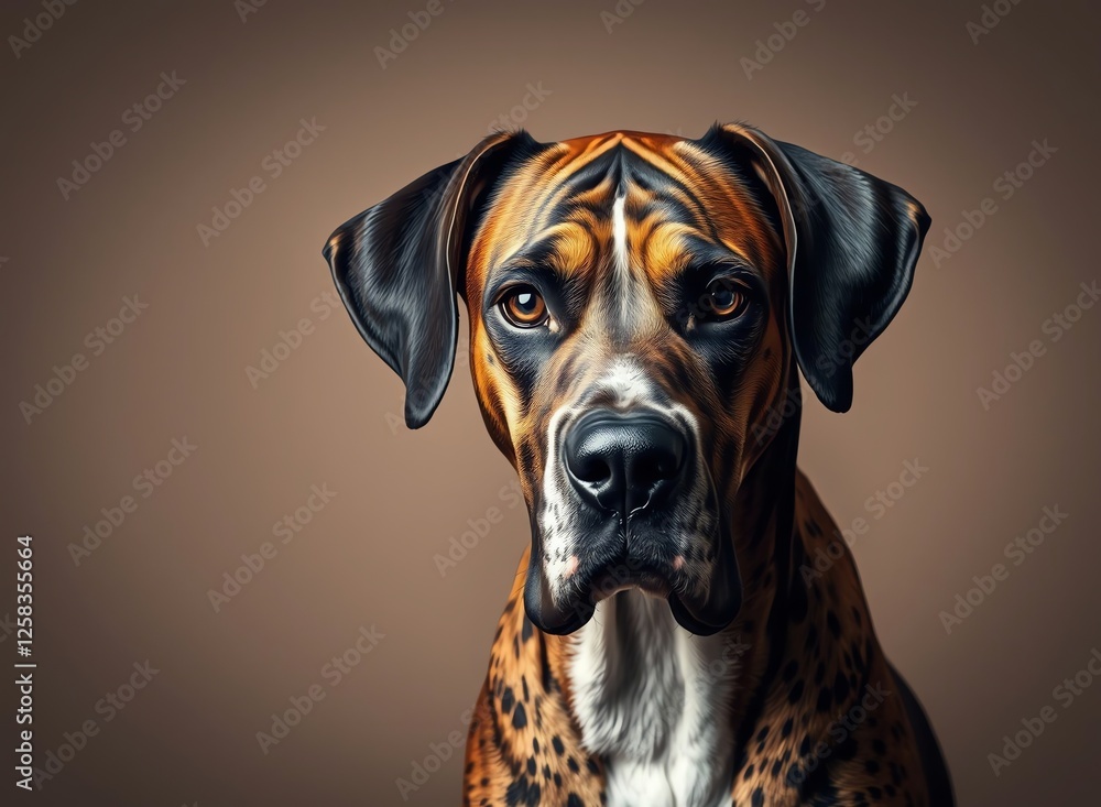an image of a dog with a spotted face and a brown background, there is ...