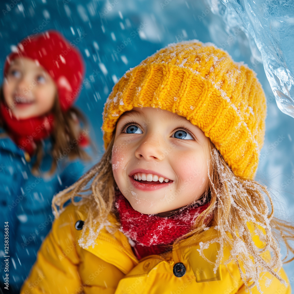Children marvel at the breathtaking blue ice formations inside an ...