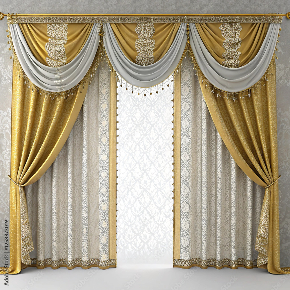 Gold curtains with a pattern of gold and silver isolated on transparent ...