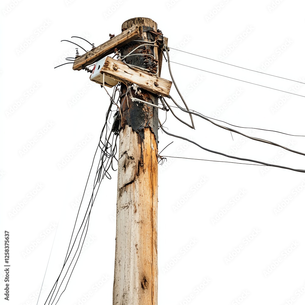 Damaged electrical pole with exposed wires, white isolate background ...