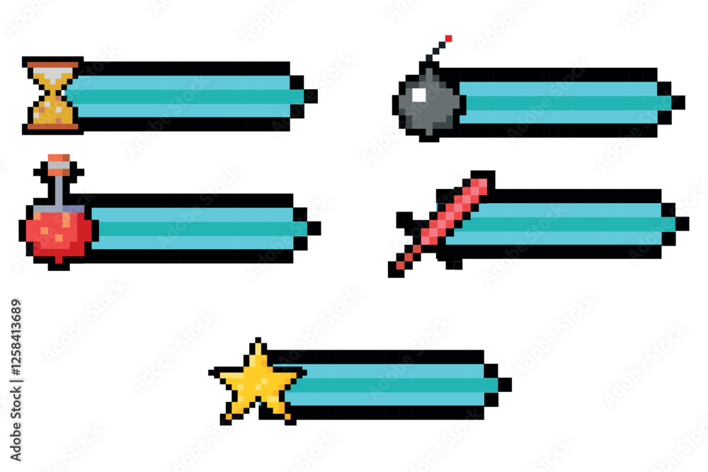 Pixel art game interface with status bars featuring icons for time, bomb, potion, sword, and ...