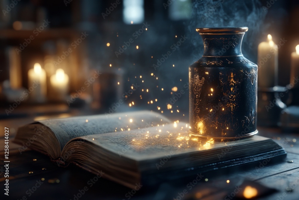 A magical floating catalogue where enchanted items appear as glowing ...