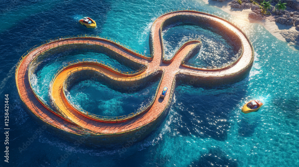 Race track for cars over sea water surface top view, road in shape of ...