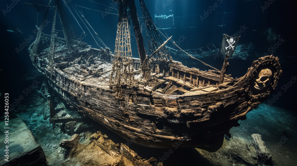 Parallax background for game, sunken pirate ship with black sails and ...