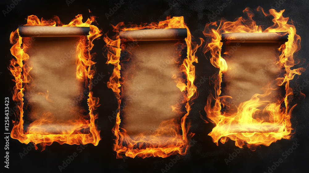 Beige parchment sheets with glowing edges and bright fire flames ...