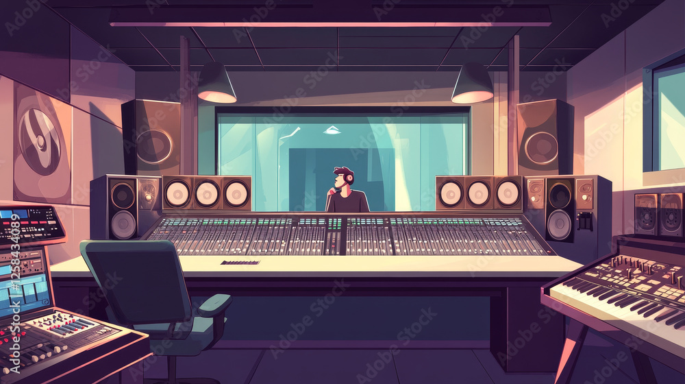 Music recording studio interior with sound production equipment ...