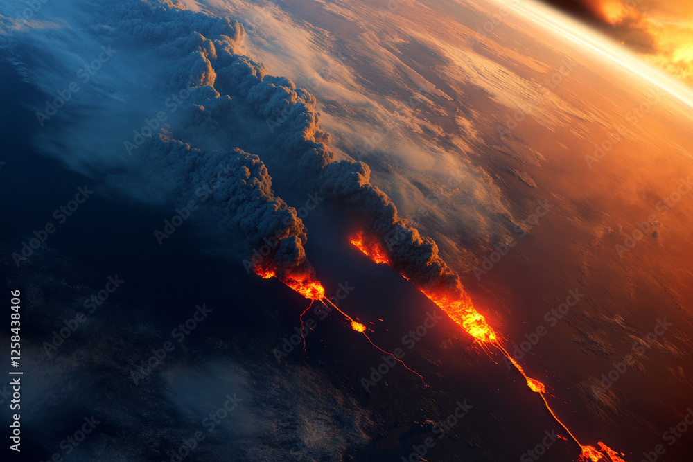 Volcanic eruption from space, showing plumes of smoke and glowing red ...