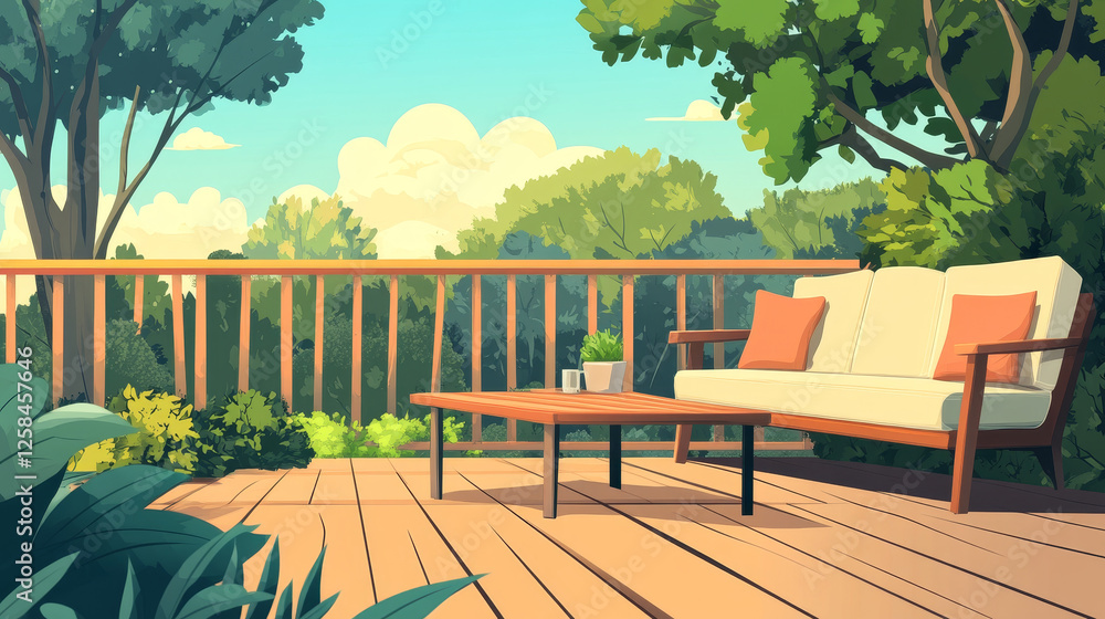 House terrace with table, couch and view to garden. Vector parallax ...