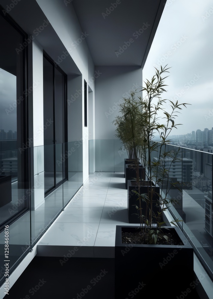A sleek contemporary balcony with frameless glass railings white ...
