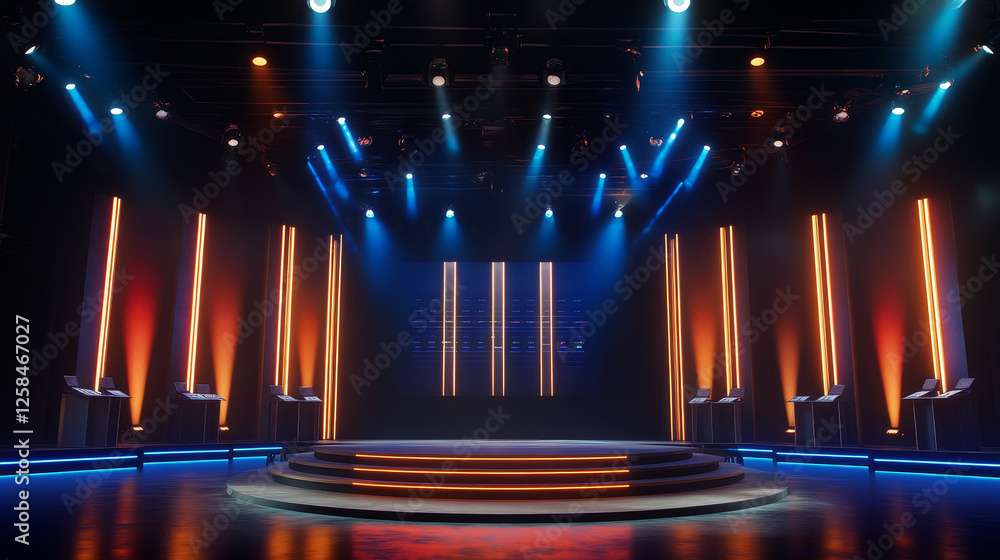 Quiz game stage interior with stands, spotlights, questions on digital ...