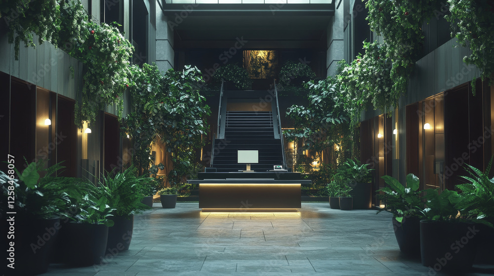 Hotel reception desk and lobby. Vector cartoon illustration of large ...