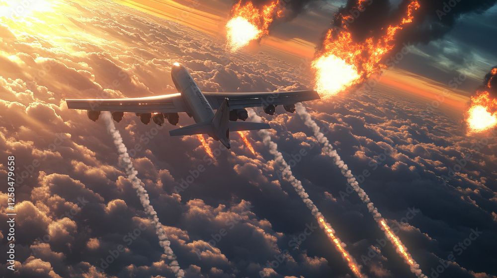 Missile effect, rocket launch fire trail with black smoke, spacecraft ...