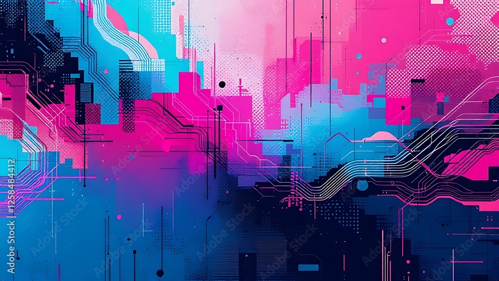 Abstract blue, mint and pink background with interlaced digital glitch ...