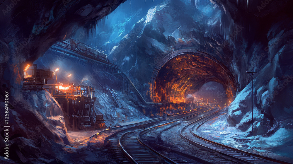 Mine tunnel with deposit of iron or coal inside. Mining cave in ...