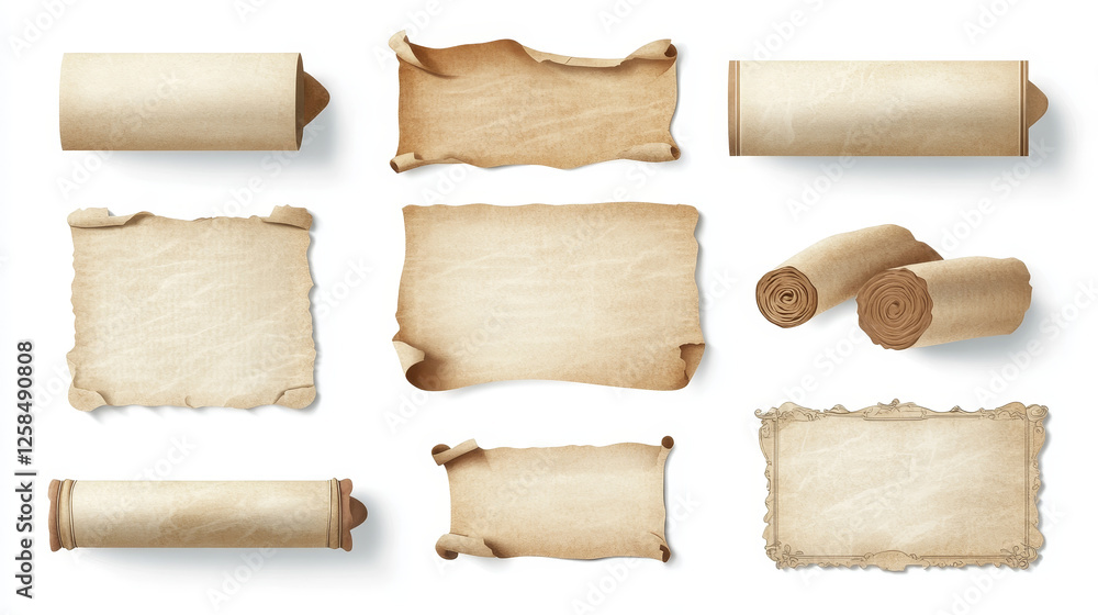 Parchment scrolls, old banners letters, cartoon rolls, blank paper open and convolute antique ...