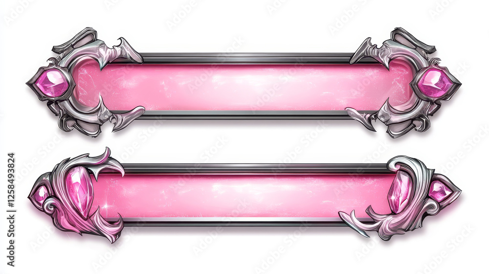 Game ui frames, pink medieval menu glossy borders, gui elements, buttons or banners with silver ...