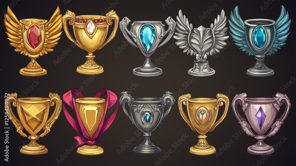 Award goblet and trophy cup for game level rank ui design. Cartoon ...