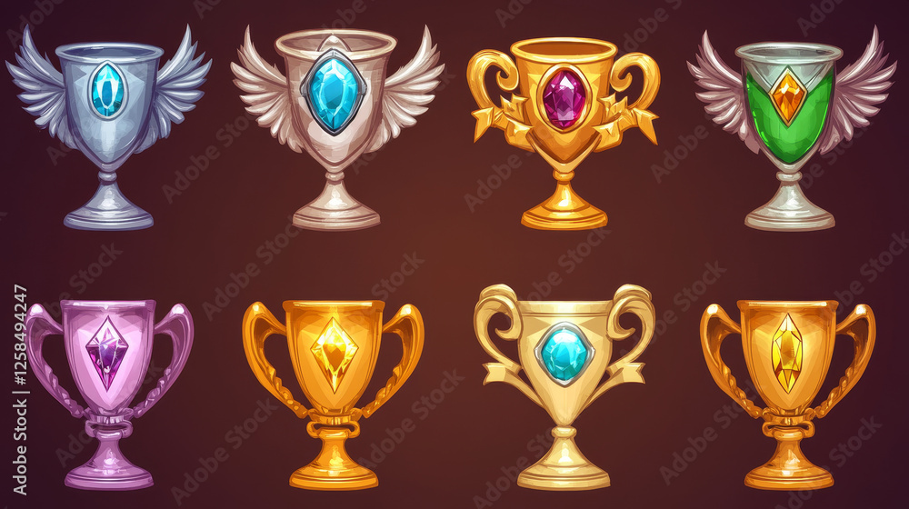 Award goblet and trophy cup for game level rank ui design. Cartoon ...