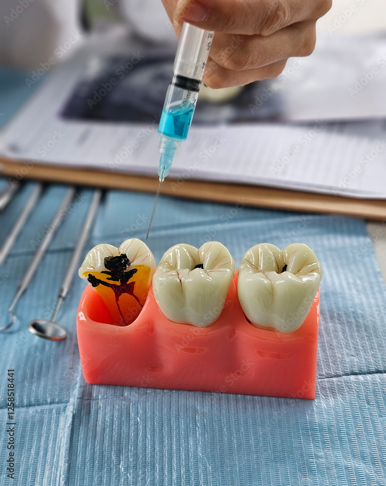 Pain-relieving tooth injections. Injection of anesthetic into gum and ...