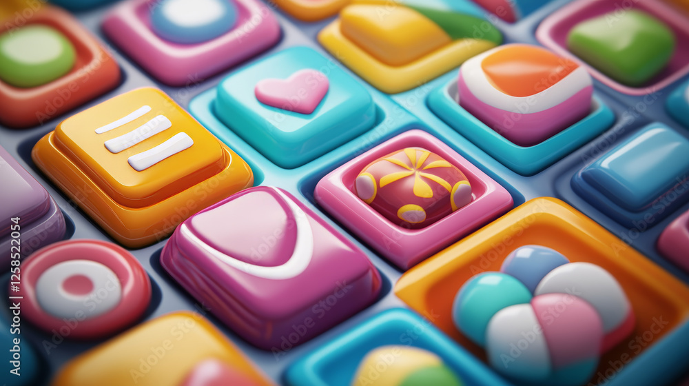 Set of candy app icons, game ui square buttons, cartoon lollipop menu interface, colorful blocks ...