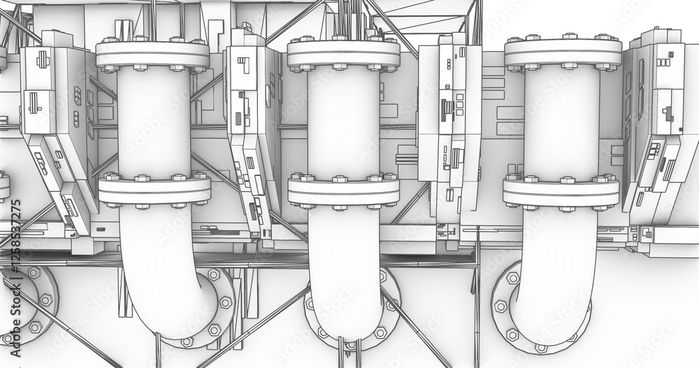 Black and white line art drawing large industrial pipes electronic ...