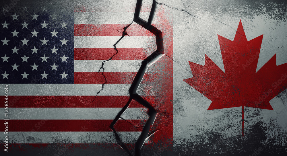 US vs Canada trade war and economic tension as a cracked metal wall ...