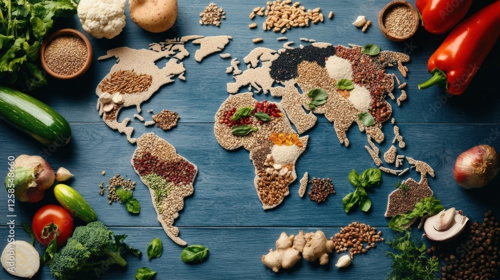 World map created with various foods on a blue table for world food day ...