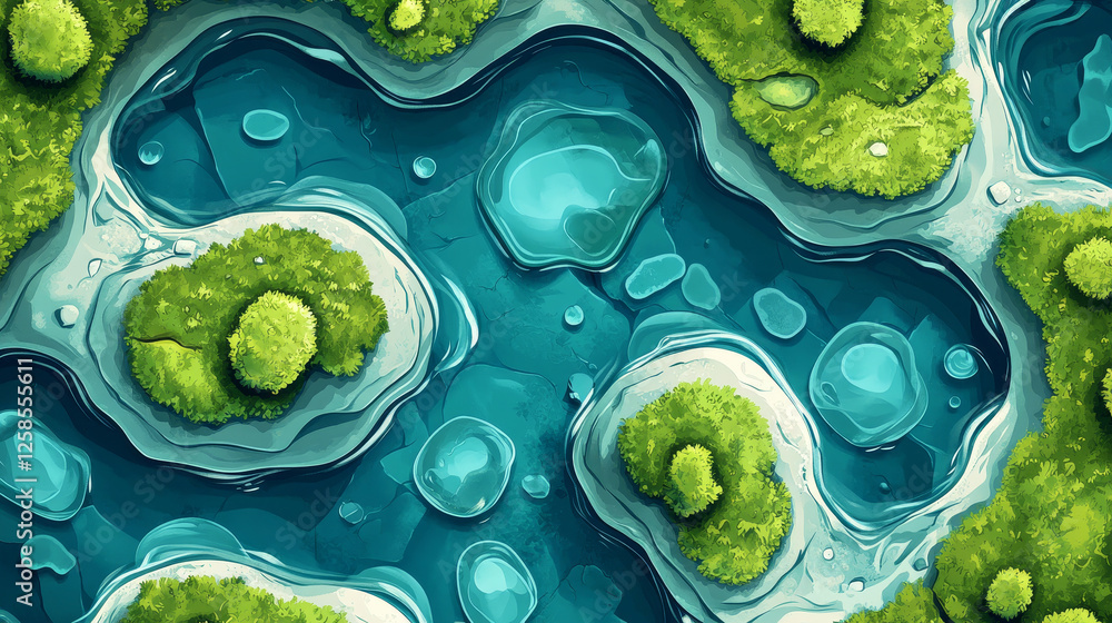 Textures of water in swimming pool, sea and pond with lily leaves ...