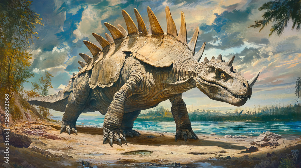 Museum exhibit with stegosaurus dinosaur fossil. Pterodactyl animal ...