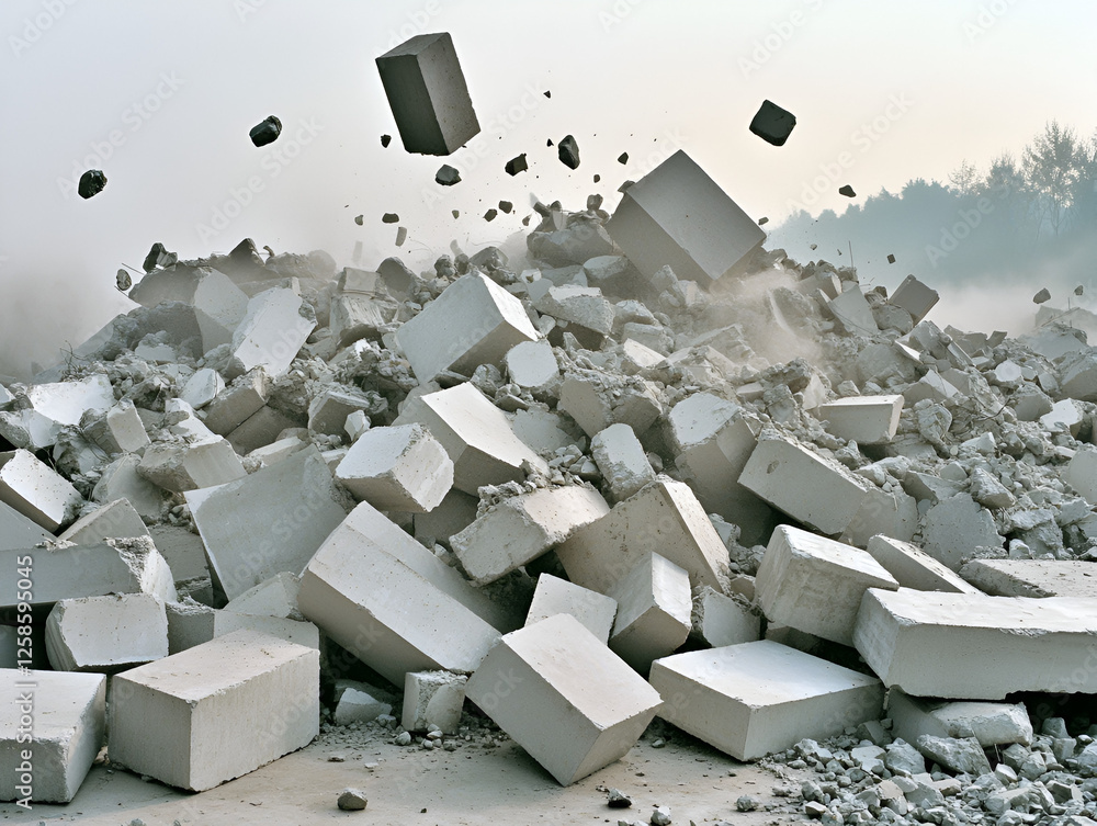 Concrete Chaos: A dramatic image of shattered concrete blocks in mid ...