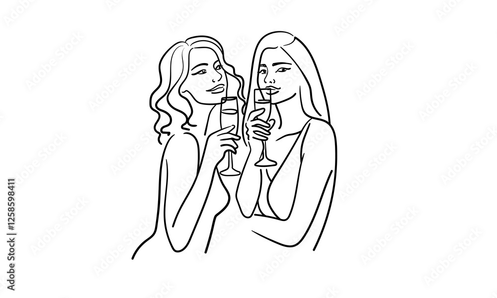Friendly party girls continuous line art drawing isolated on white ...