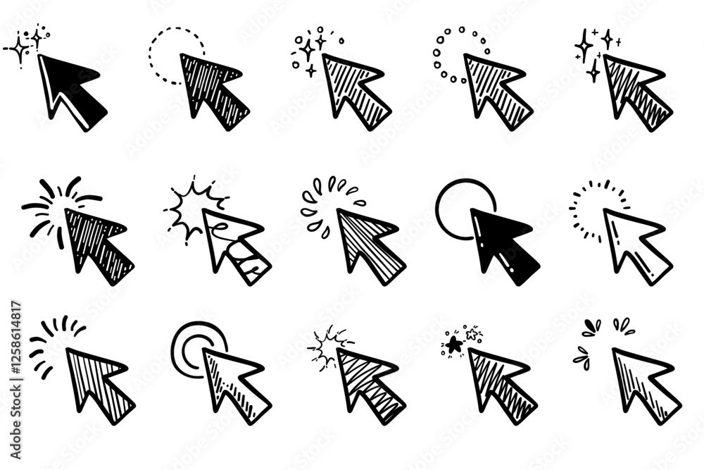 Arrow click icon. Mouse cursor, press here tap button. Hand drawn ...