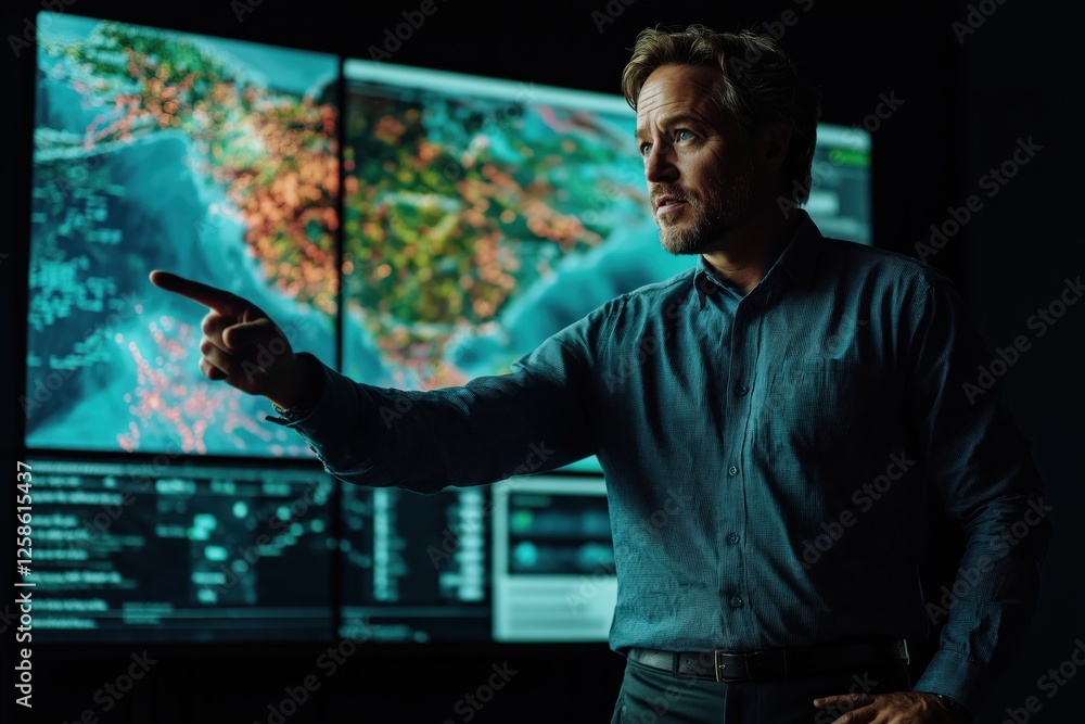 Confident weather presenter explaining forecast with animated maps on a ...
