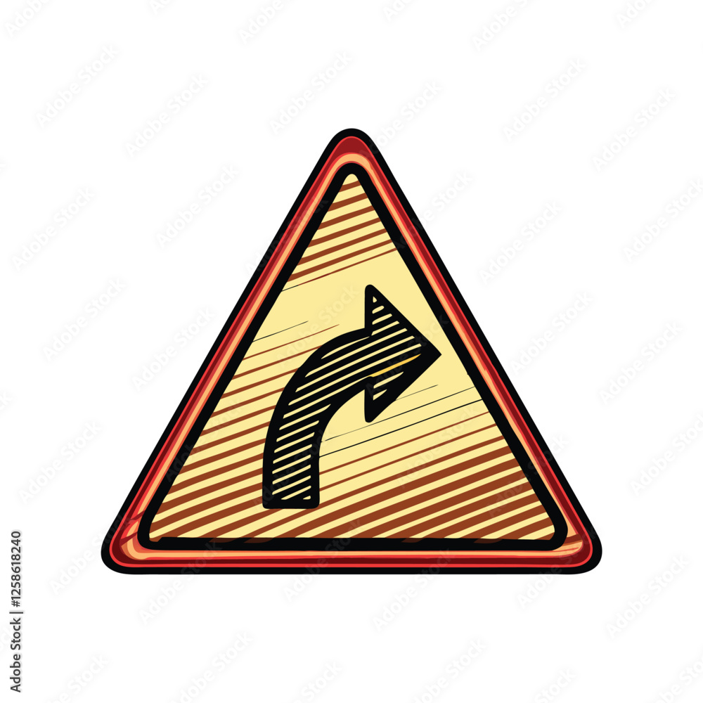 Design a vector illustration of a sharp turn warning sign, featuring a ...