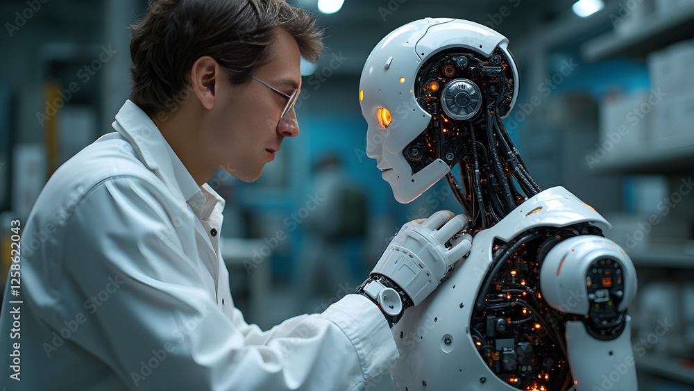 Stock-Foto „Engineer working on humanoid robot. High-tech lab circuit ...