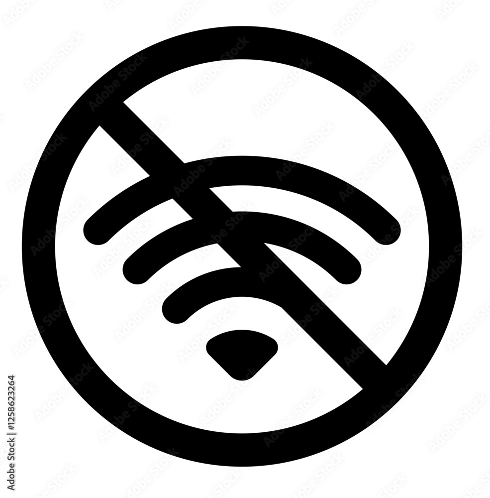 A black and white icon of a Wi-Fi signal with a prohibition symbol ...