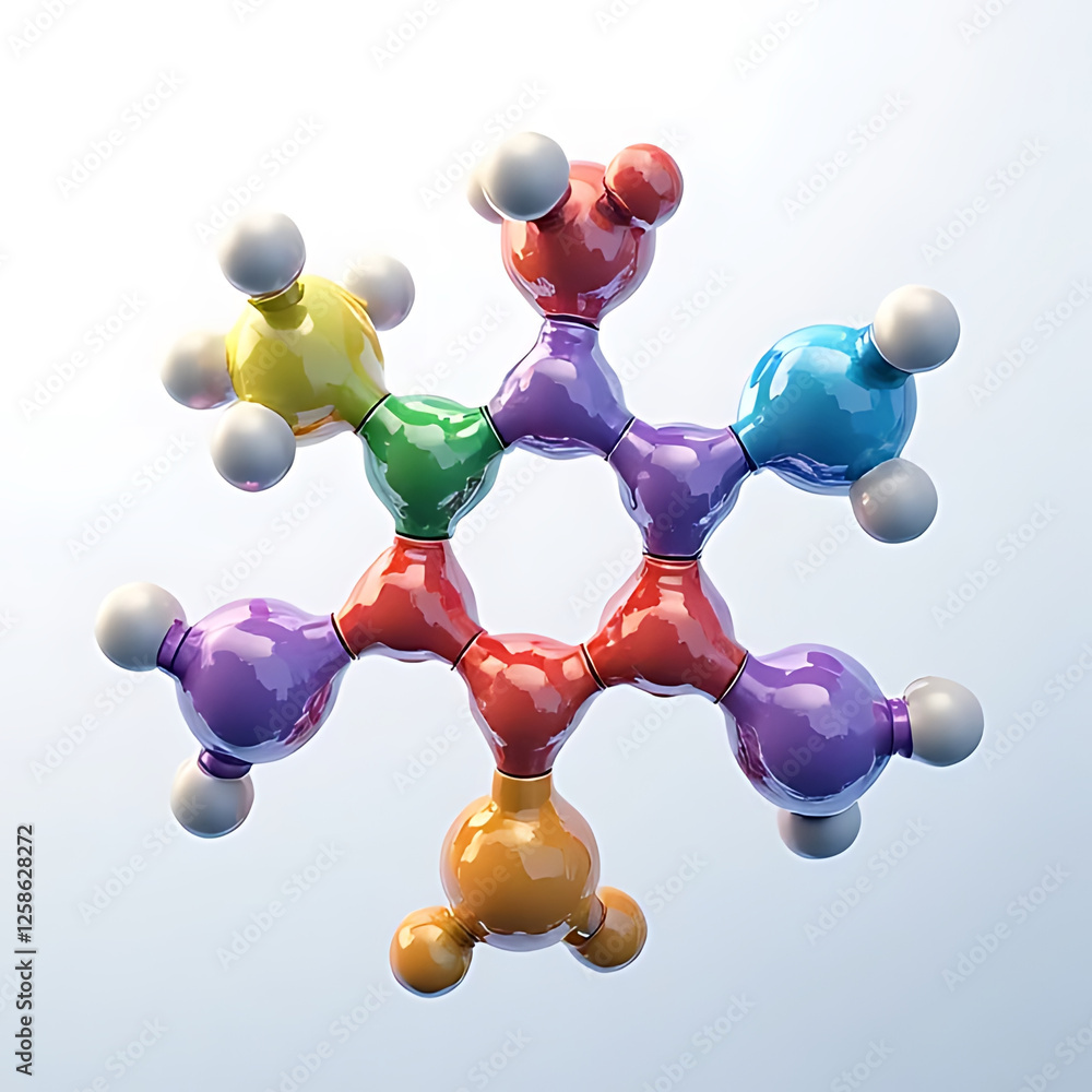 Molecular structure with colorful atoms representing chemical bonds and ...