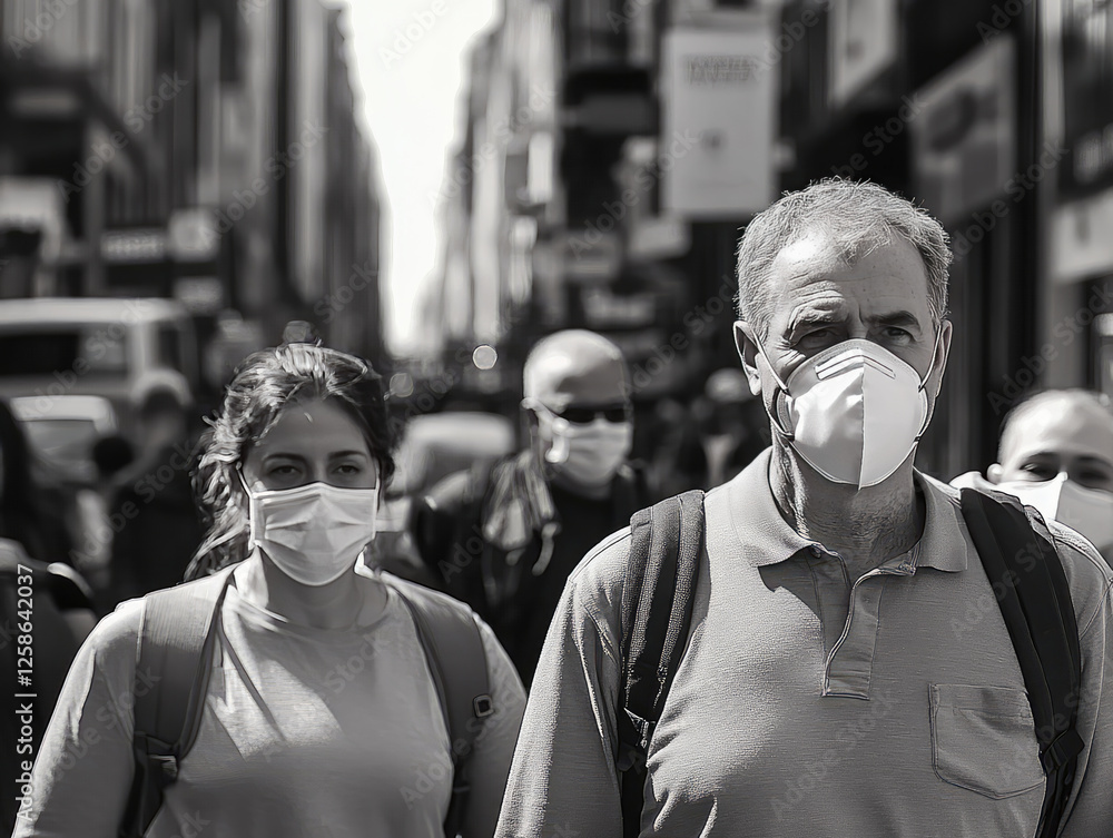 People wearing masks in busy urban street, showcasing blend of emotions ...