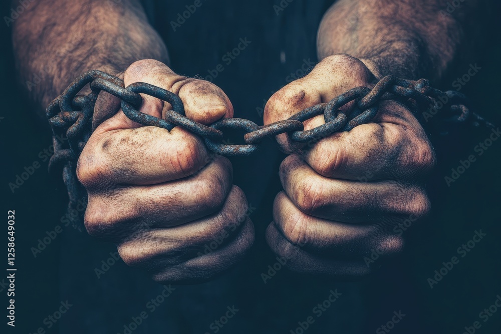 Hands gripping rusty chains in a dramatic display of restraint and ...