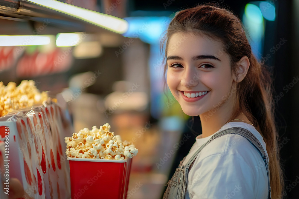 Smiling Person Selling Fresh Popcorn in a Cinema Concession Stand ...