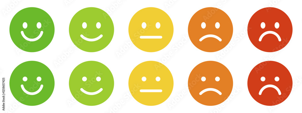 Five colorful emoji faces representing a satisfaction rating scale from ...
