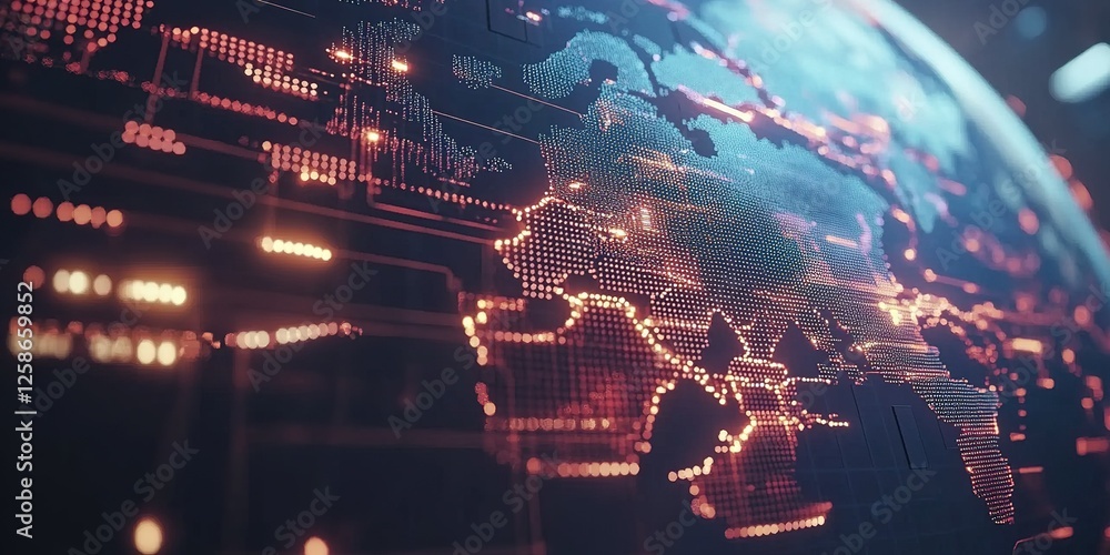 Illuminated map of Europe showcasing data points and connections in a ...