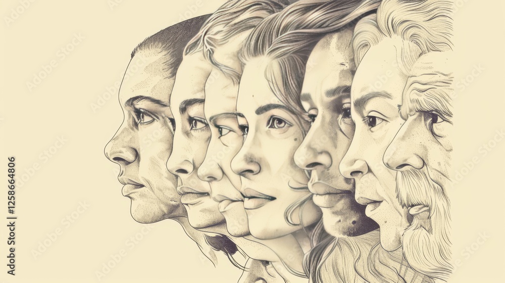 A highly detailed, artistic sketch of multiple human faces representing ...