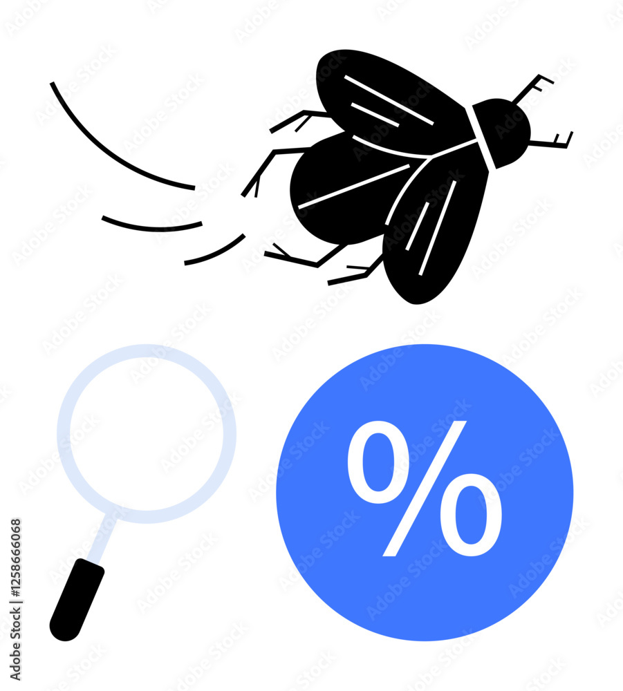 Flying insect with swooshing lines above a blue percentage symbol and a ...
