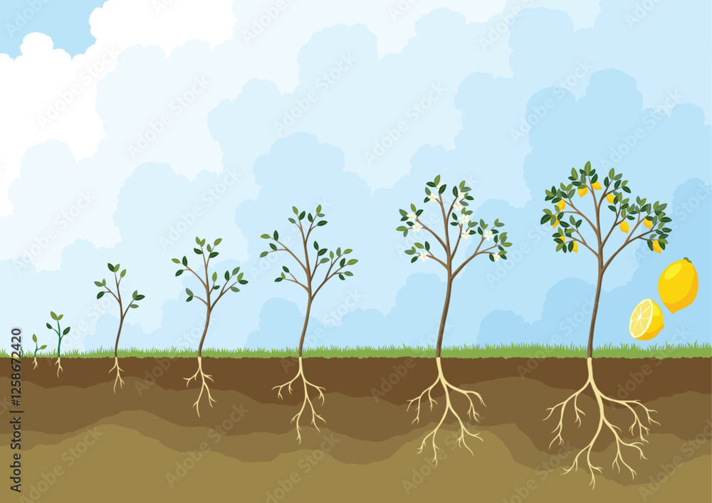 Life cycle of lemon tree. Stages of growth from seed and sprout to ...